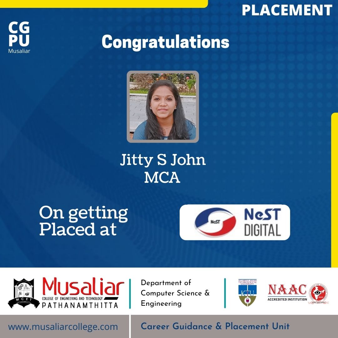 Congratulations Jitty S John of MCA on getting placed at NeST Digital ...